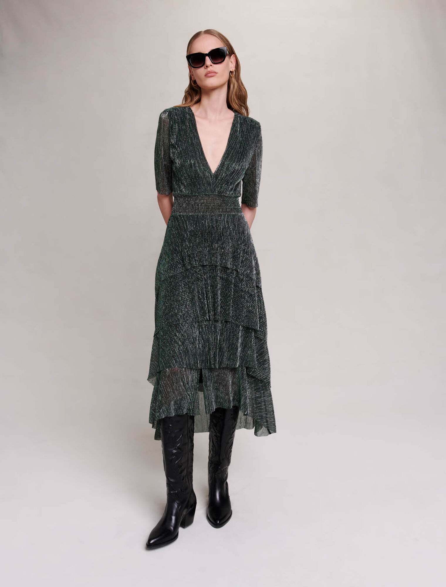 Stretch Lurex Fabric Dress With Ruffles Maxi Dresses Maje