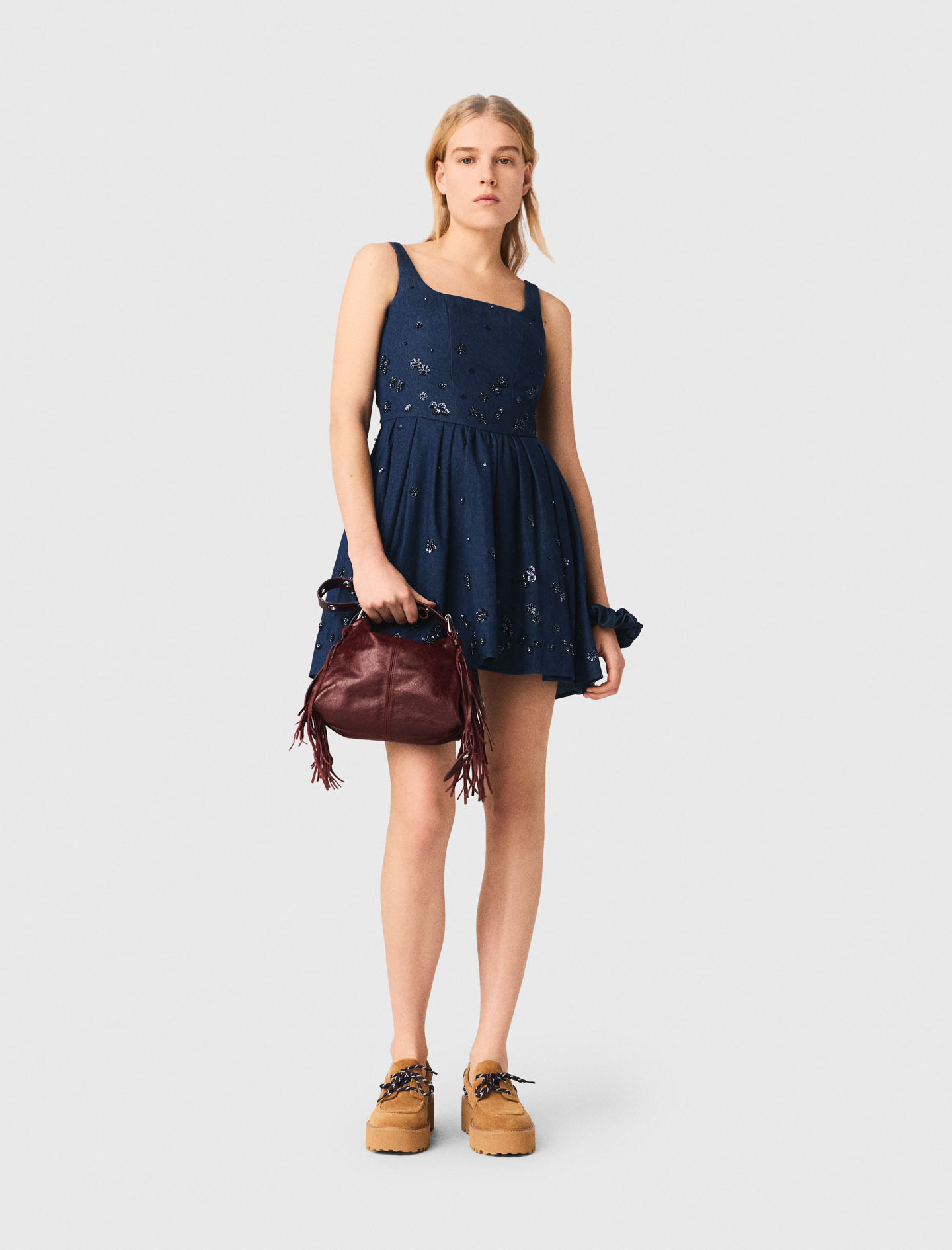 Flared embroidered denim dress Navy for Women | Maje
