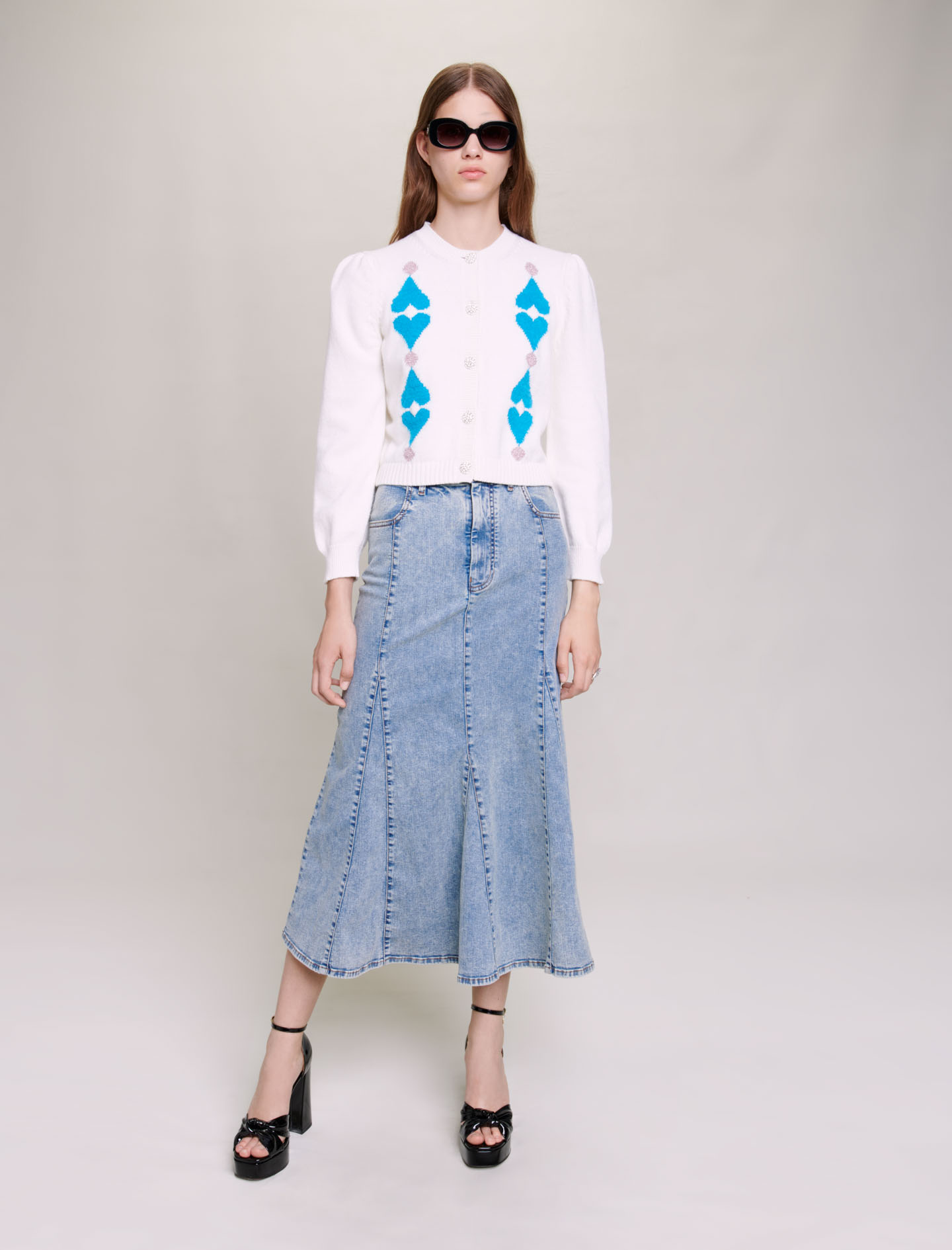 Rhinestone heart cropped cardigan White for Women | Maje